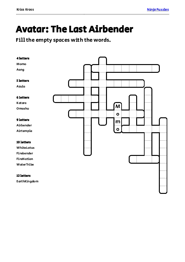 Free Avatar: The Last Airbender Kriss-Kross Puzzle - Free Printable PDF