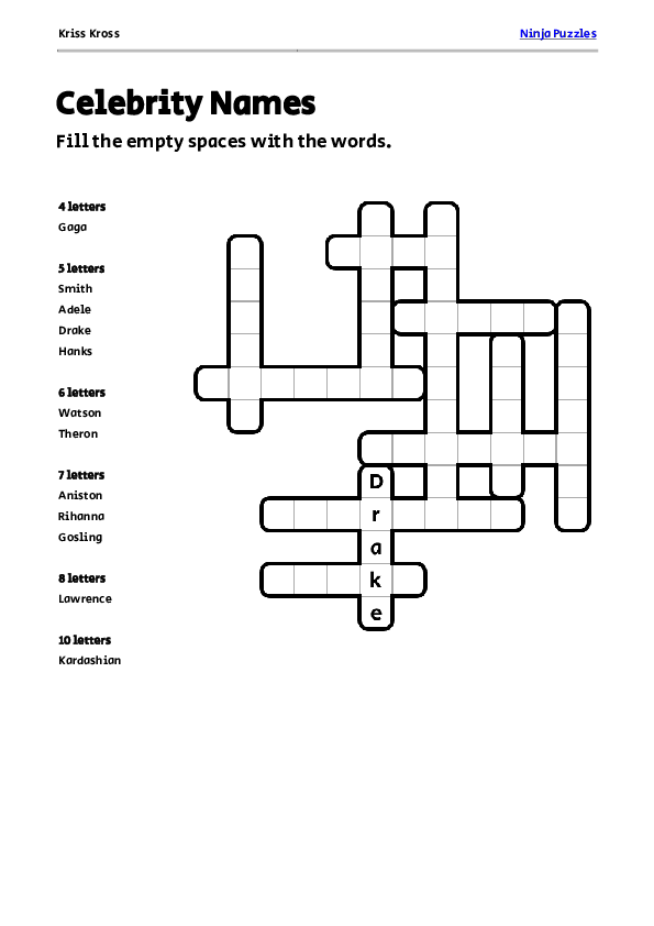 Free Celebrity Names Kriss-Kross Puzzle - Free Printable PDF