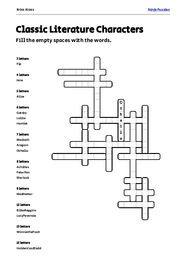 Free Classic Literature Characters Kriss-Kross Puzzle - Free Printable PDF