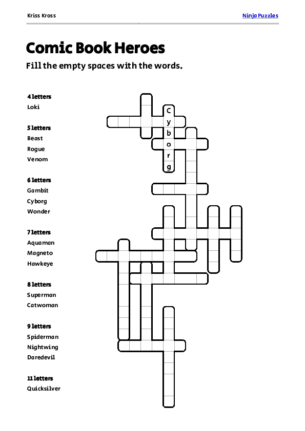 Free Comic Book Heroes Kriss-Kross Puzzle - Free Printable PDF