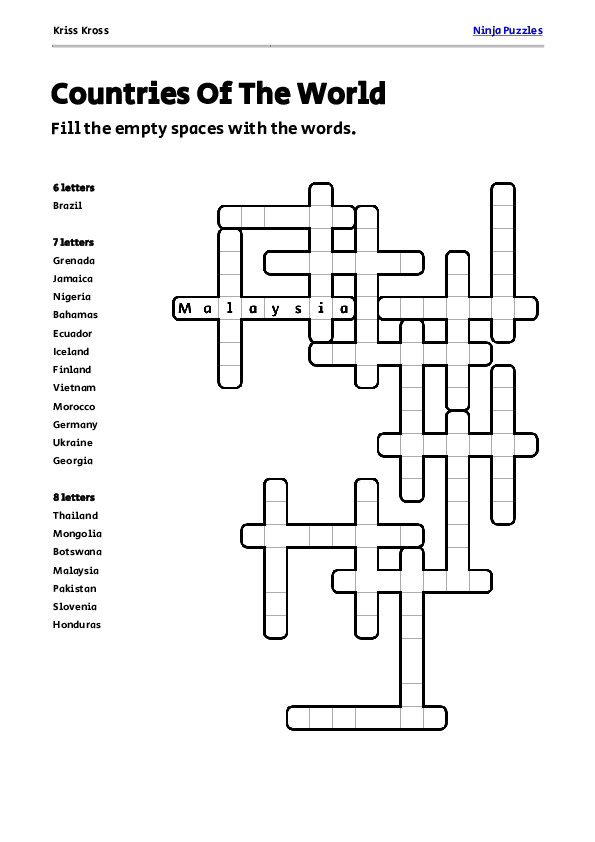 Free Countries Of The World Kriss-Kross Puzzle - Free Printable PDF