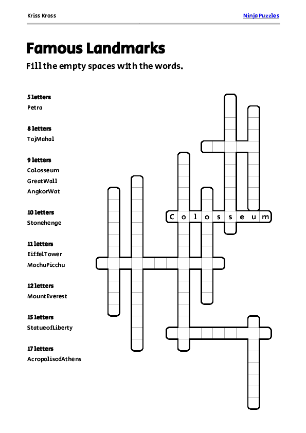 Free Famous Landmarks Kriss-Kross Puzzle - Free Printable PDF