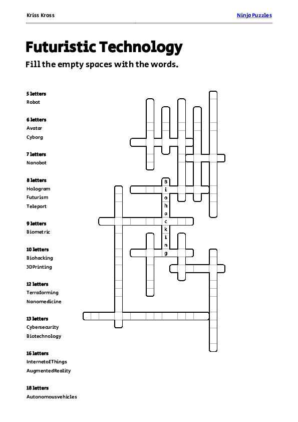 Free Futuristic Technology Kriss-Kross Puzzle - Free Printable PDF