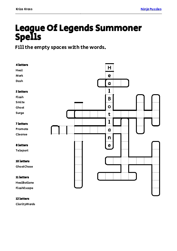 Free League Of Legends Summoner Spells Kriss-Kross Puzzle - Free ...