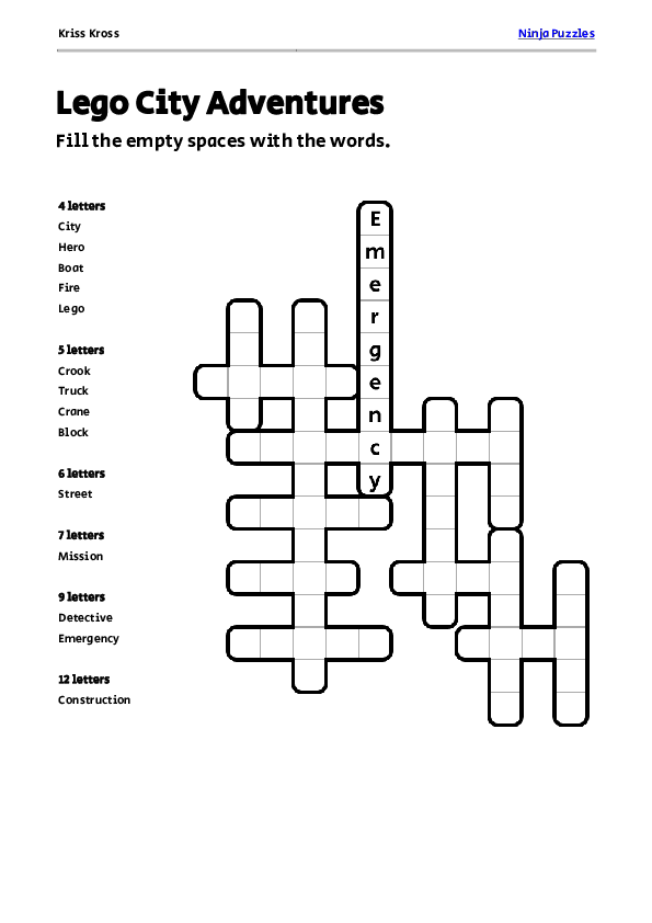 Free Lego City Adventures Kriss-Kross Puzzle - Free Printable PDF