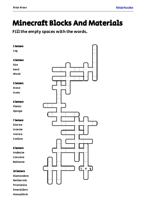Free Minecraft Blocks And Materials Kriss-Kross Puzzle - Free Printable PDF