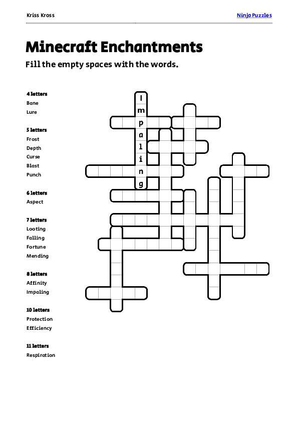Free Minecraft Enchantments Kriss-Kross Puzzle - Free Printable PDF