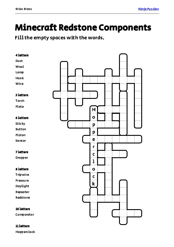 Free Minecraft Redstone Components Kriss-Kross Puzzle - Free Printable PDF