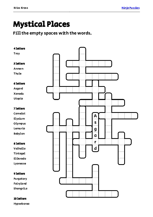 Free Mystical Places Kriss-Kross Puzzle - Free Printable PDF