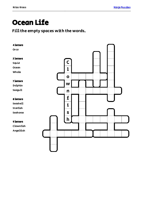 Free Ocean Life Kriss-Kross Puzzle - Free Printable PDF
