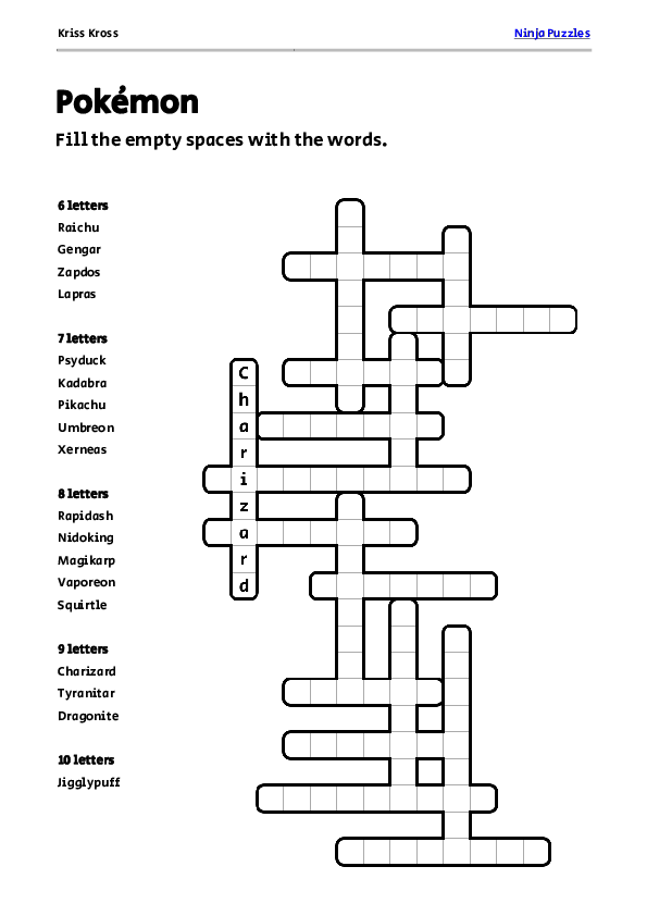 Free Pokémon Kriss-Kross Puzzle - Free Printable PDF
