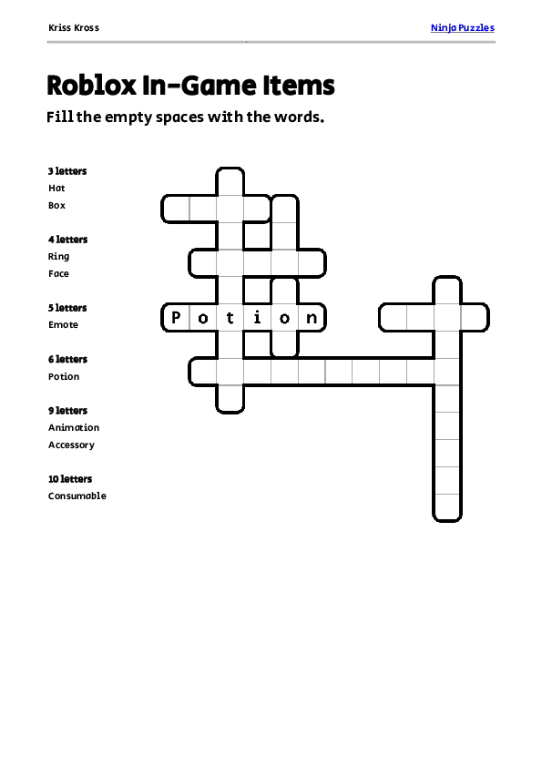 Free Roblox In-Game Items Kriss-Kross Puzzle - Free Printable PDF