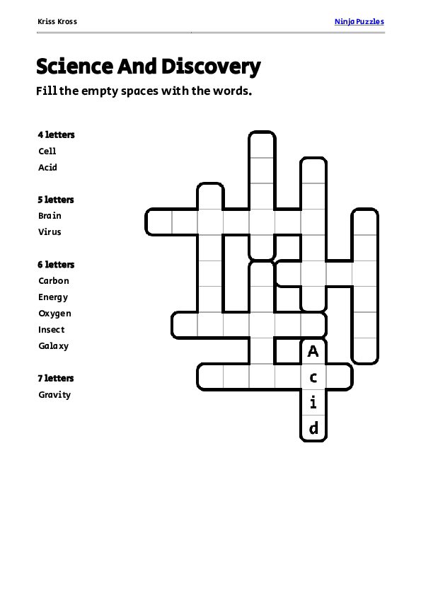 Free Science And Discovery Kriss-Kross Puzzle - Free Printable PDF
