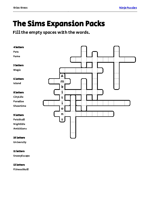 Free The Sims Expansion Packs Kriss-Kross Puzzle - Free Printable PDF