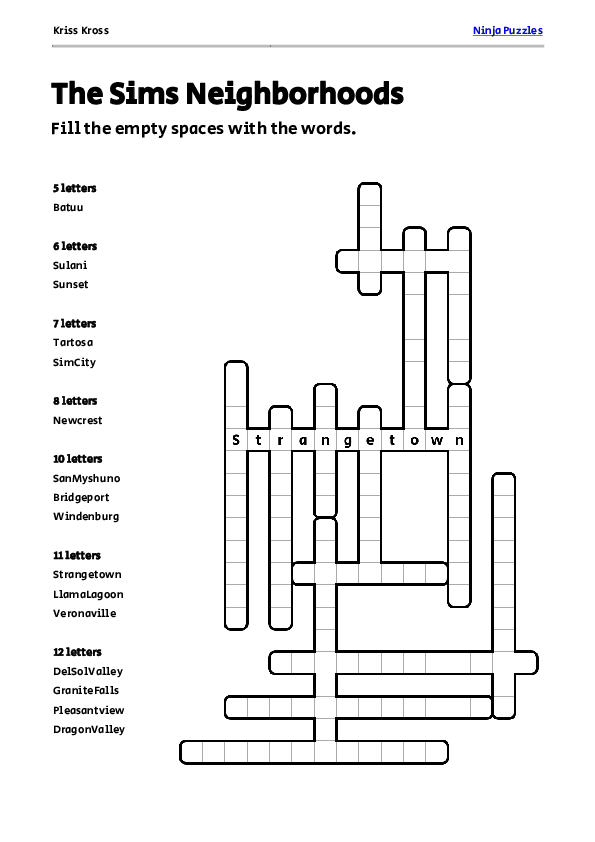 Free The Sims Neighborhoods Kriss-Kross Puzzle - Free Printable PDF