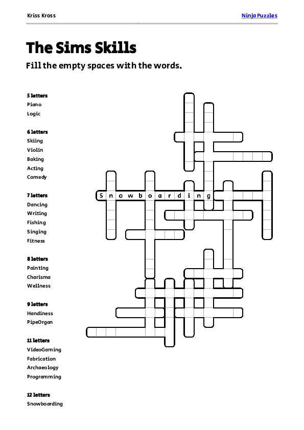 Free The Sims Skills Kriss-Kross Puzzle - Free Printable PDF