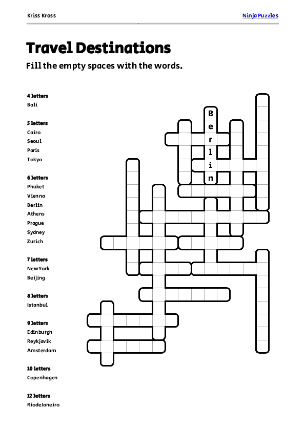 Free Travel Destinations Kriss-Kross Puzzle - Free Printable PDF