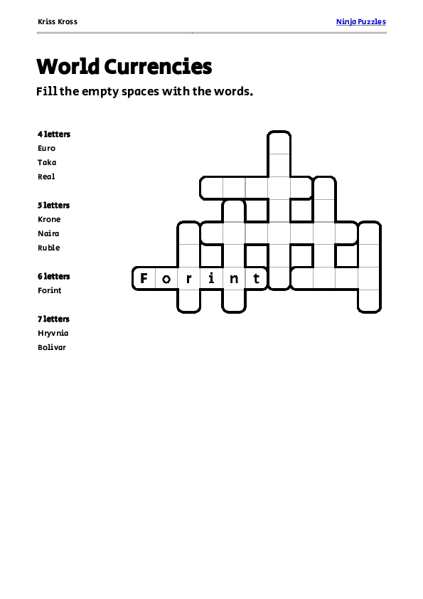 Free World Currencies Kriss-Kross Puzzle - Free Printable PDF