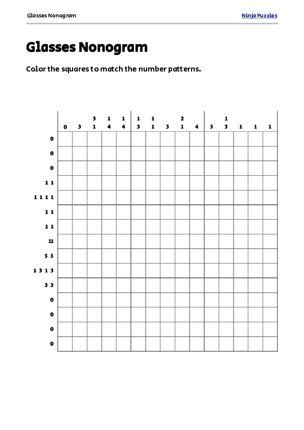 Glasses Nonogram Puzzle - Free Printable PDF