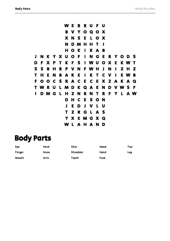 Free Printable Body Parts themed Word Search Puzzle - Free Printable PDF