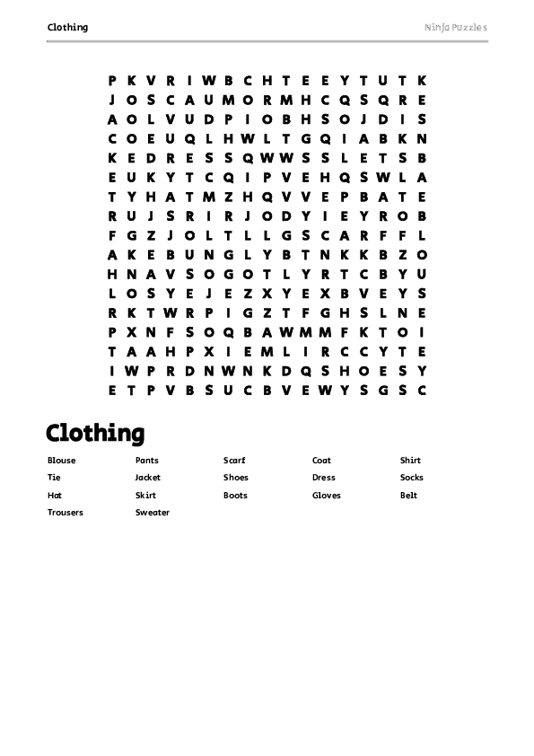 Free Printable Clothing themed Word Search Puzzle - Free Printable PDF