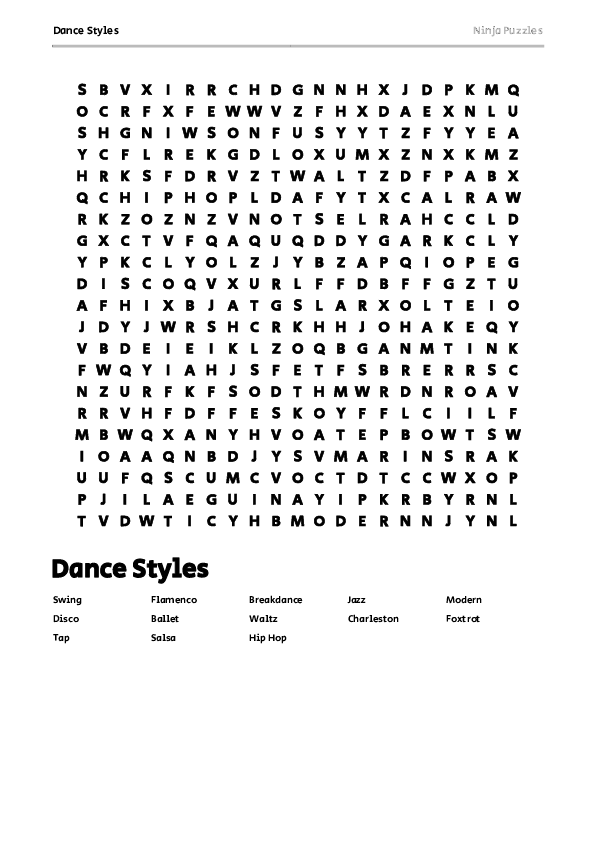 Free Printable Dance Styles themed Word Search Puzzle - Free Printable PDF