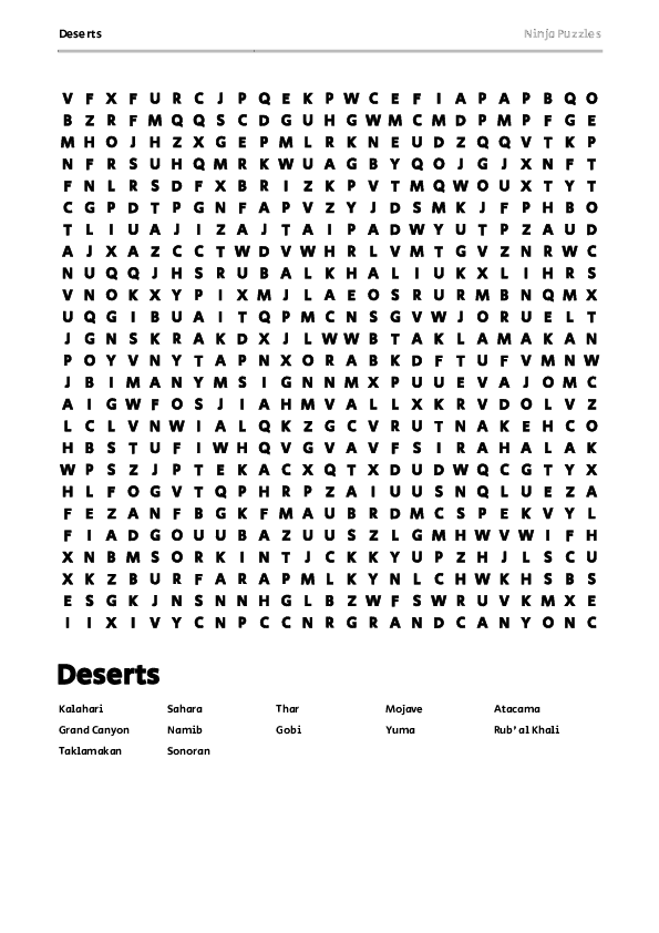 Free Printable Deserts themed Word Search Puzzle - Free Printable PDF