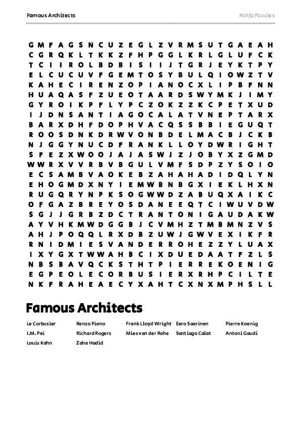 Free Printable Famous Architects themed Word Search Puzzle - Free ...