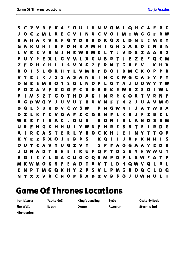 Free Printable Game Of Thrones Locations themed Word Search Puzzle ...