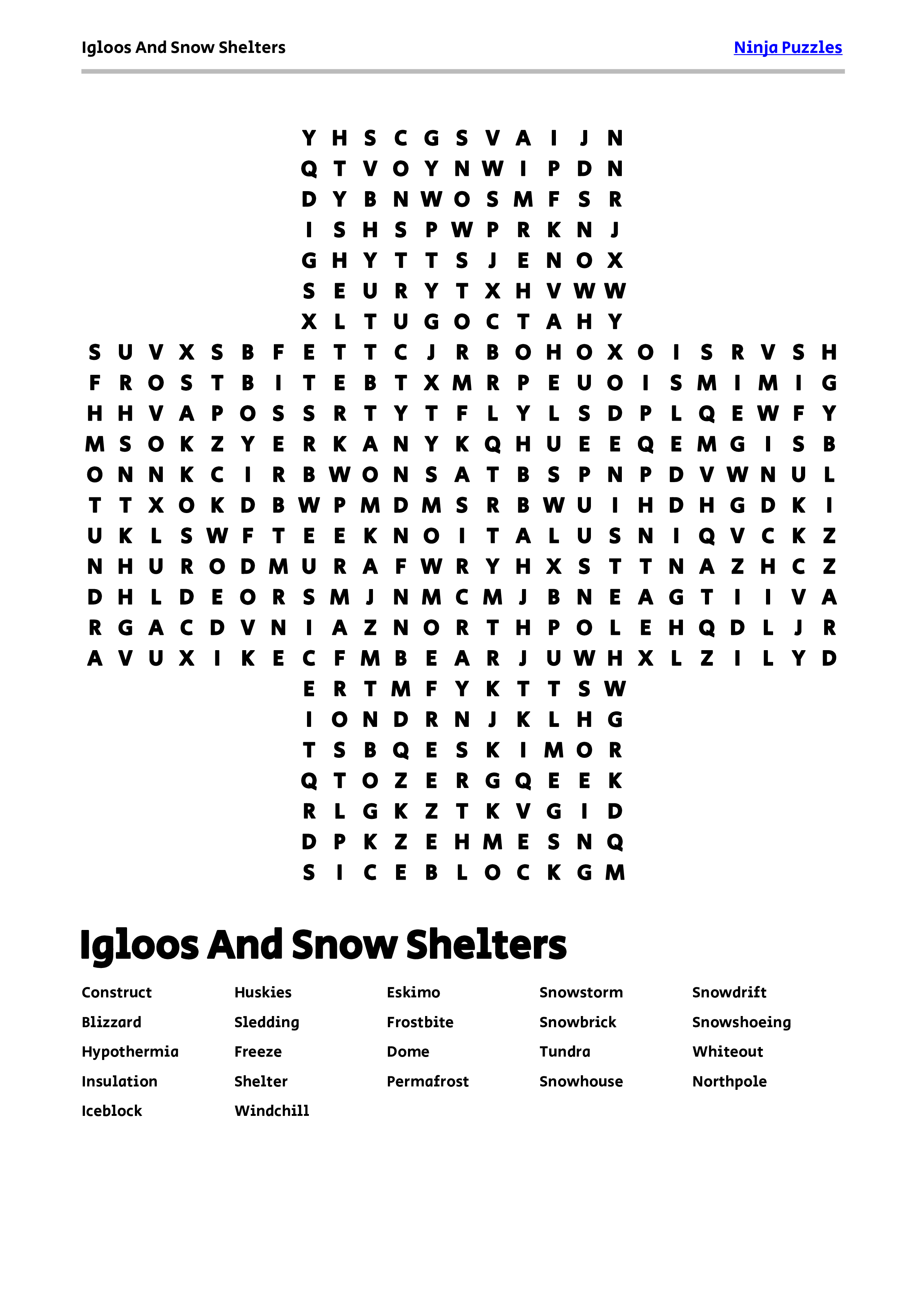 Free Printable Igloos And Snow Shelters themed Word Search Puzzle ...