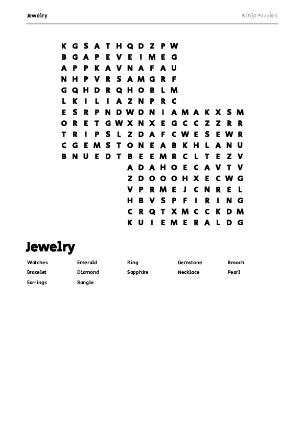 Free Printable Jewelry themed Word Search Puzzle - Free Printable PDF