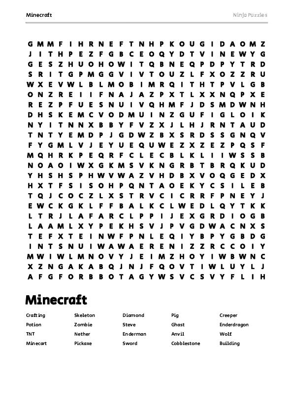 Free Printable Minecraft themed Word Search Puzzle - Free Printable PDF