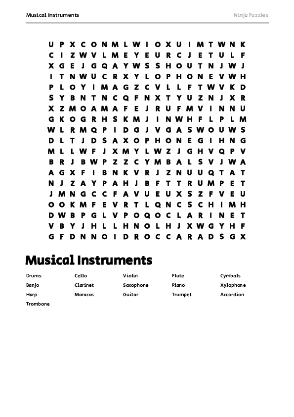 Free Printable Musical Instruments themed Word Search Puzzle - Free ...