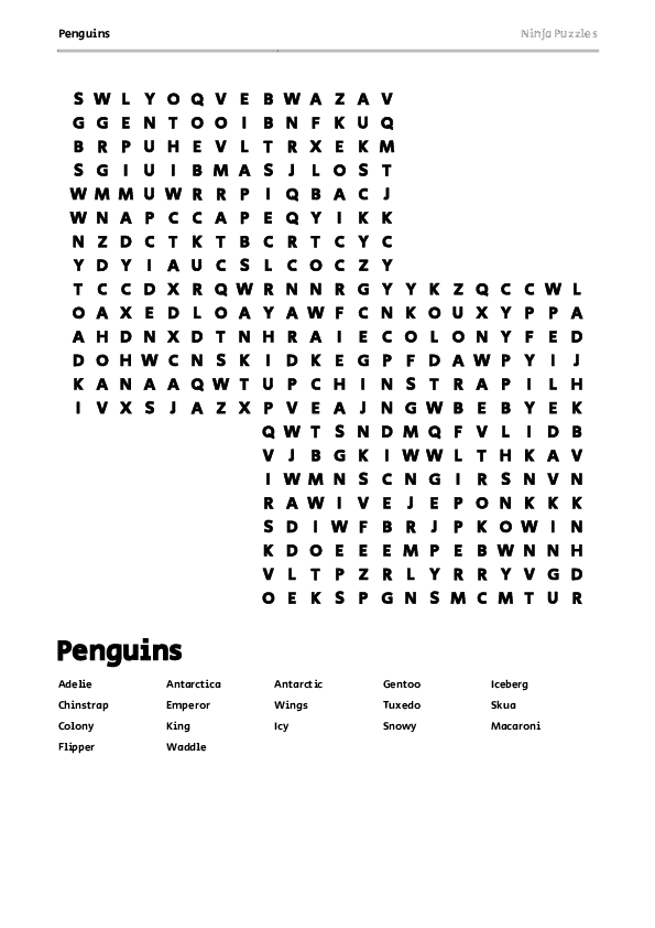 Free Printable Penguins themed Word Search Puzzle - Free Printable PDF