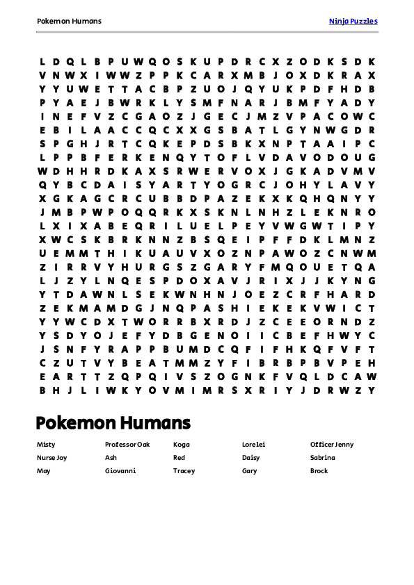 Free Printable Pokemon Humans themed Word Search Puzzle - Free ...