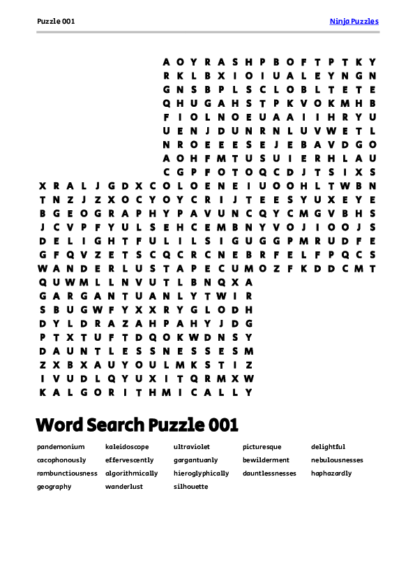 Free Printable Puzzle 001 themed Word Search Puzzle - Free Printable PDF