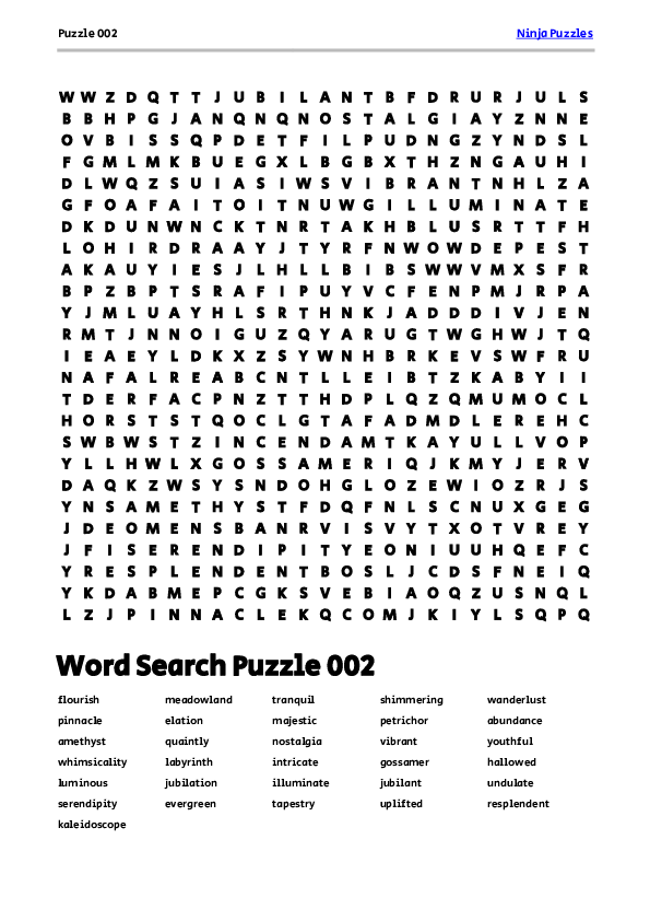 Free Printable Puzzle 002 themed Word Search Puzzle - Free Printable PDF