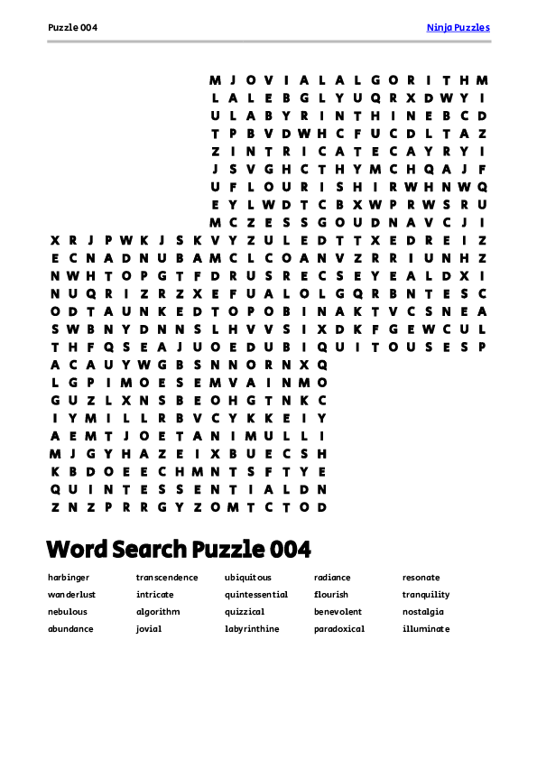 Free Printable Puzzle 004 themed Word Search Puzzle - Free Printable PDF
