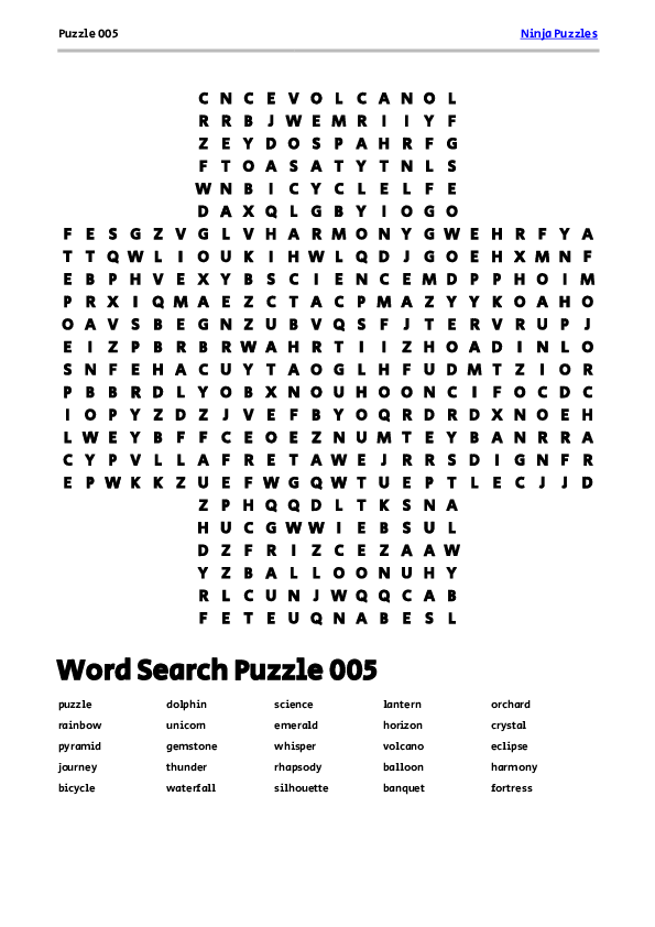 Free Printable Puzzle 005 themed Word Search Puzzle - Free Printable PDF