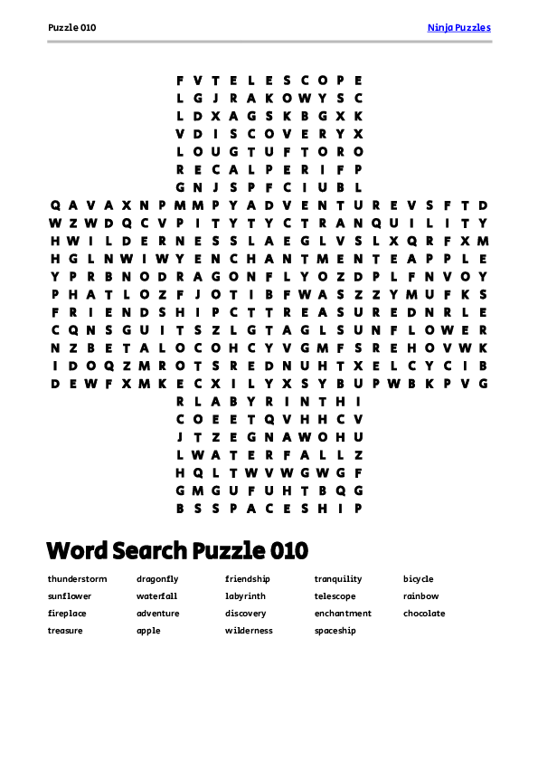 Free Printable Puzzle 010 themed Word Search Puzzle - Free Printable PDF