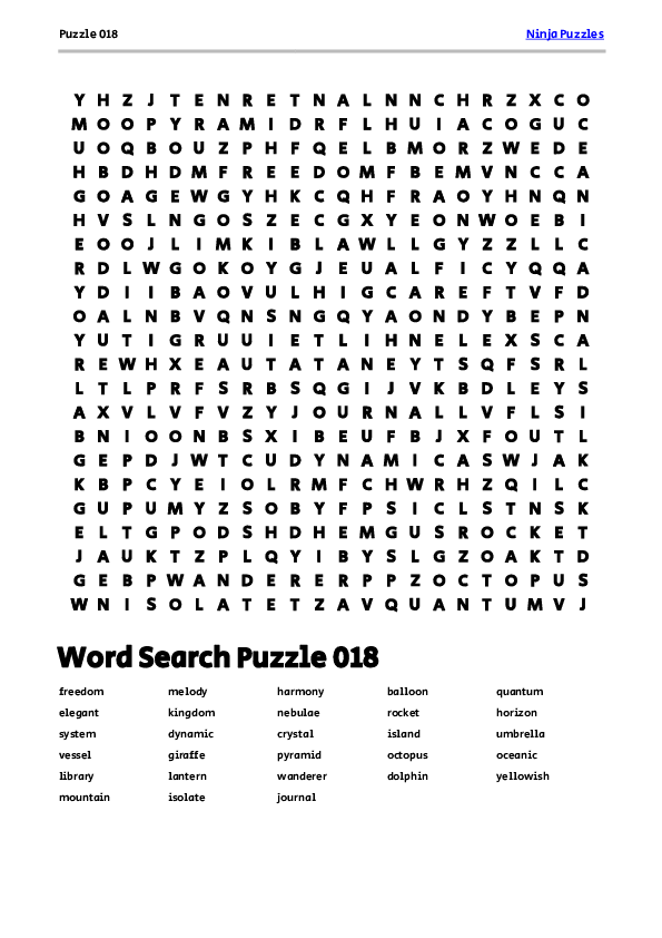 Free Printable Puzzle 018 themed Word Search Puzzle - Free Printable PDF