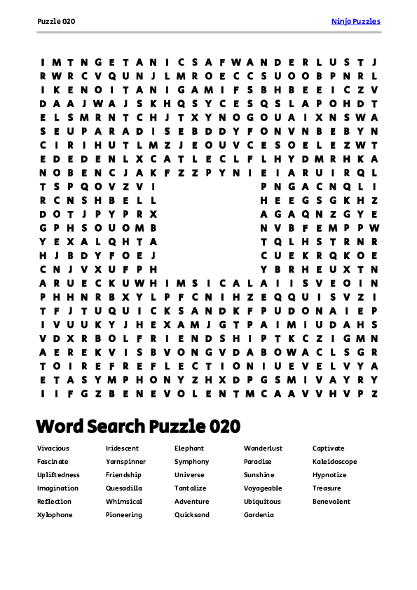 Free Printable Puzzle 020 themed Word Search Puzzle - Free Printable PDF