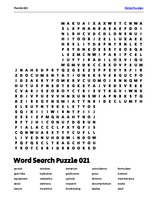 Free Printable Puzzle 021 themed Word Search Puzzle - Free Printable PDF