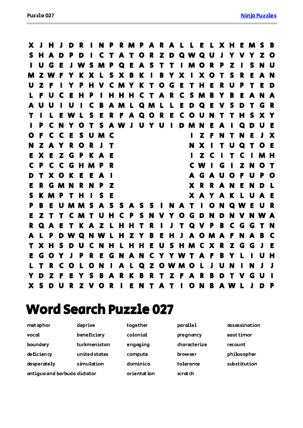 Free Printable Puzzle 027 themed Word Search Puzzle - Free Printable PDF