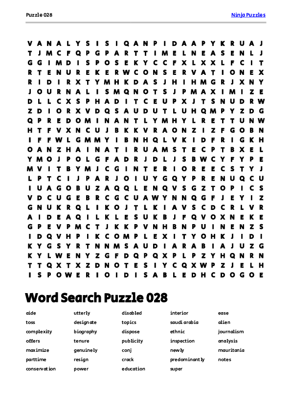 Free Printable Puzzle 028 themed Word Search Puzzle - Free Printable PDF