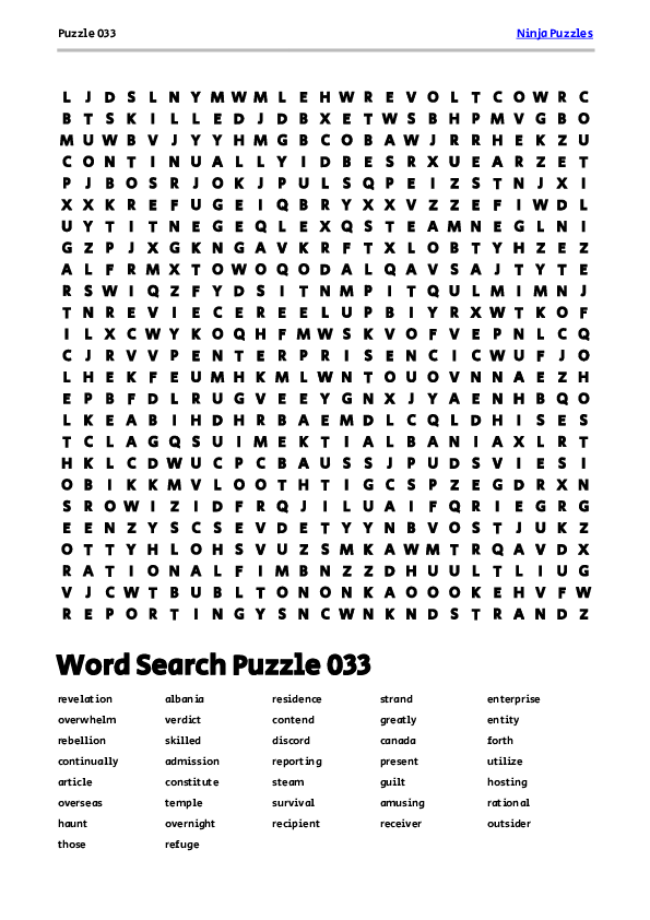 Free Printable Puzzle 033 themed Word Search Puzzle - Free Printable PDF