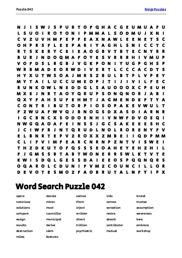Free Printable Puzzle 042 themed Word Search Puzzle - Free Printable PDF