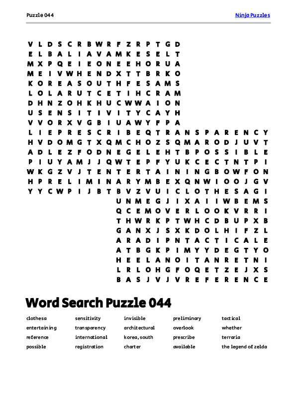 Free Printable Puzzle 044 themed Word Search Puzzle - Free Printable PDF