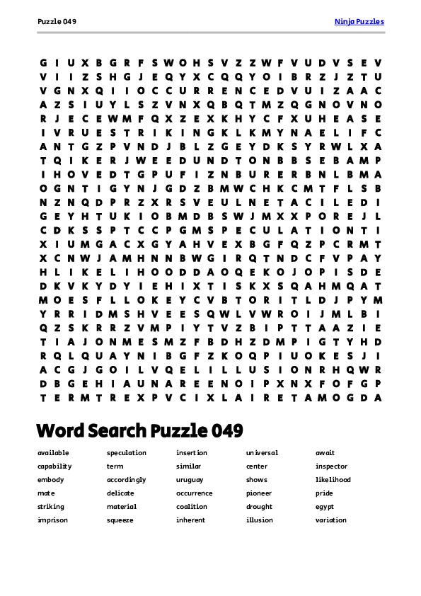 Free Printable Puzzle 049 themed Word Search Puzzle - Free Printable PDF