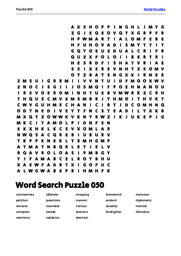 Free Printable Puzzle 050 themed Word Search Puzzle - Free Printable PDF